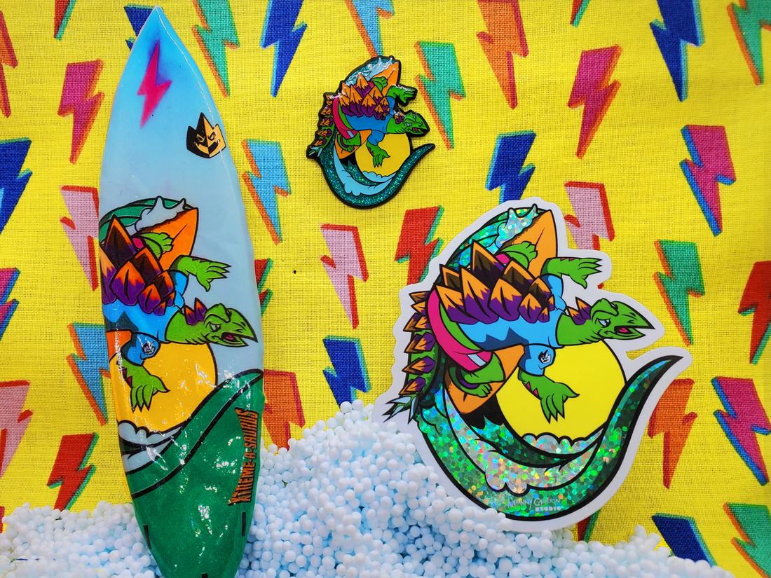 Xtreame-O-Saurus Stegosaurus Surfer Pin/Sticker Combo – Manny Cartoon ...